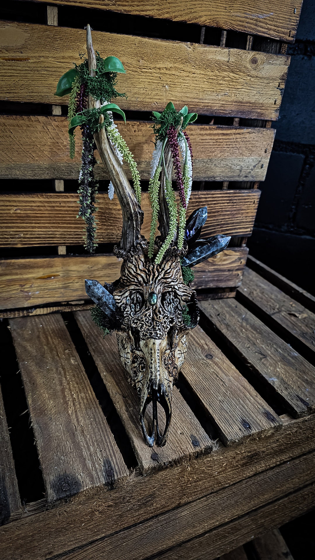 Engraved Roe Deer Skull: Tree of Life, Labradorite, Algiz, Aegishjalmur ...