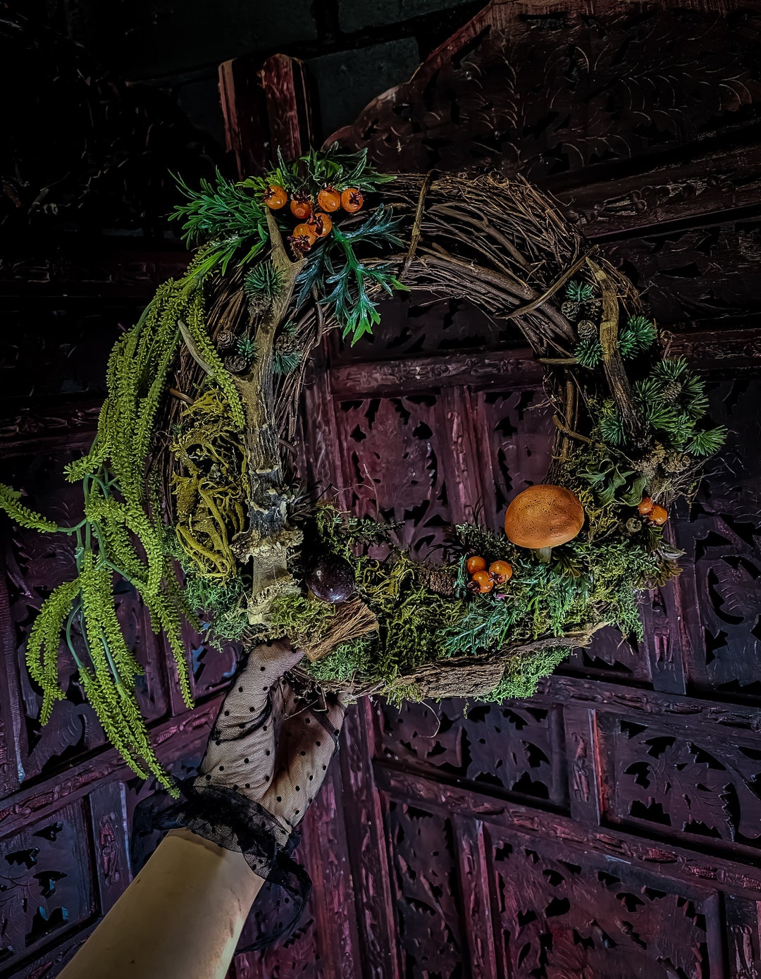 Branch Door Wreath Real Roe Deer Antlers Orange Plants Green Details ...