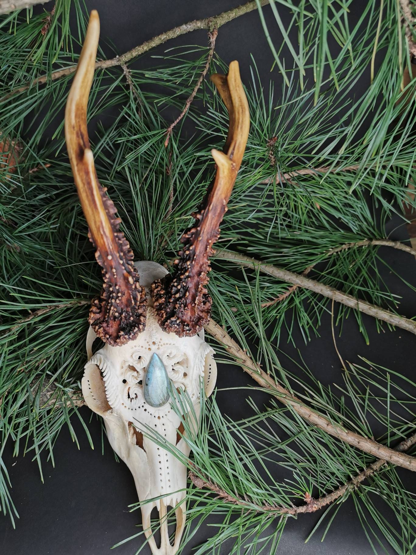 Engraved Roe Deer Skull Ornament: Labradorite Cabochon, Filigree ...
