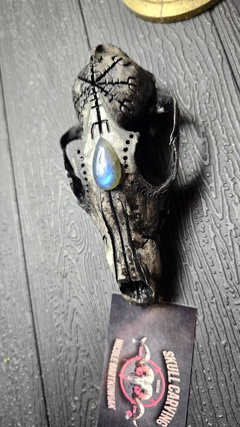 Engraved Fox Skull: Aegishjalmur, Vegvisir Runes, Labradorite, Norse ...