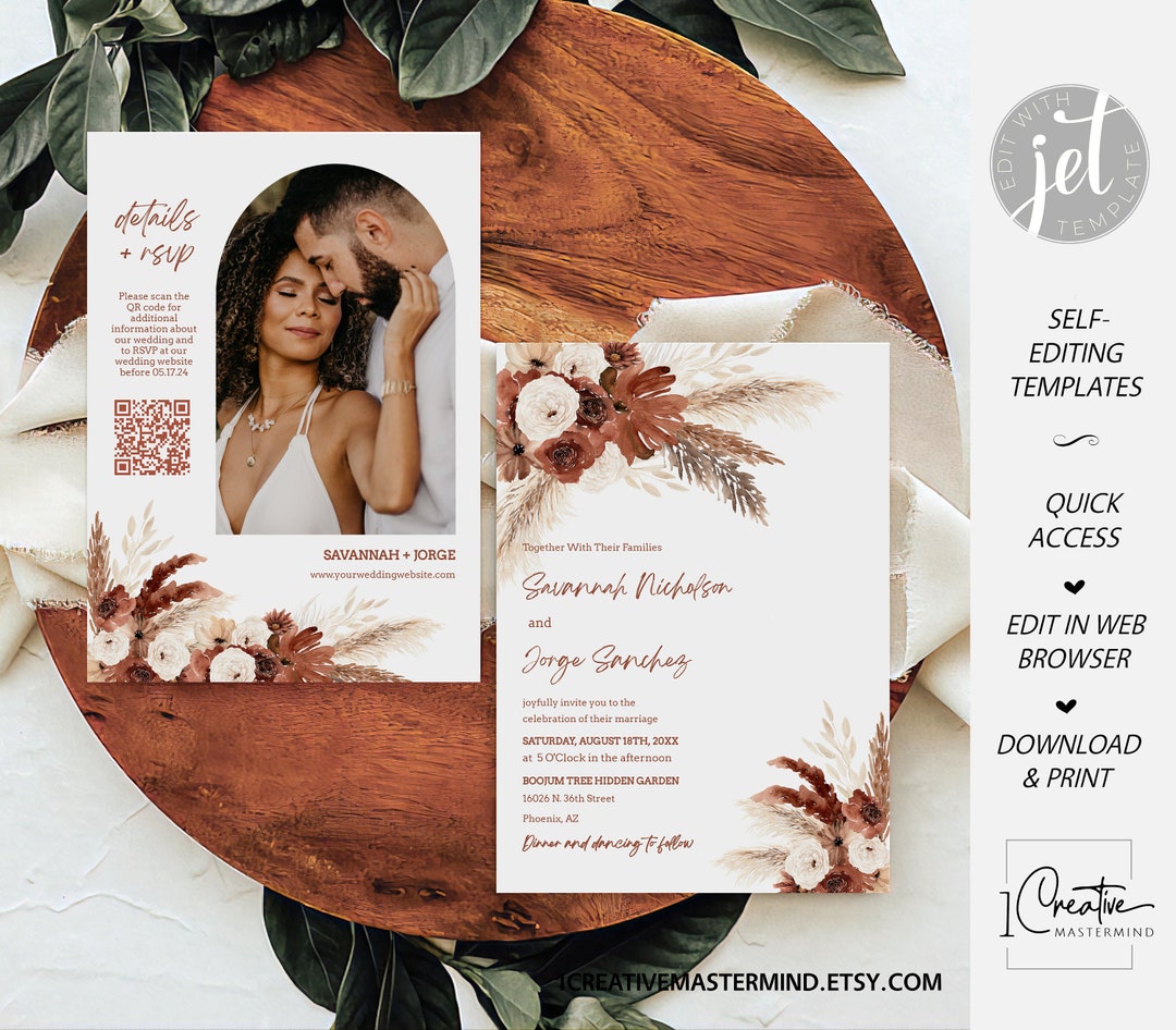 Rust Terracotta Boho Wedding Invitation Template, Pampas Grass Floral ...