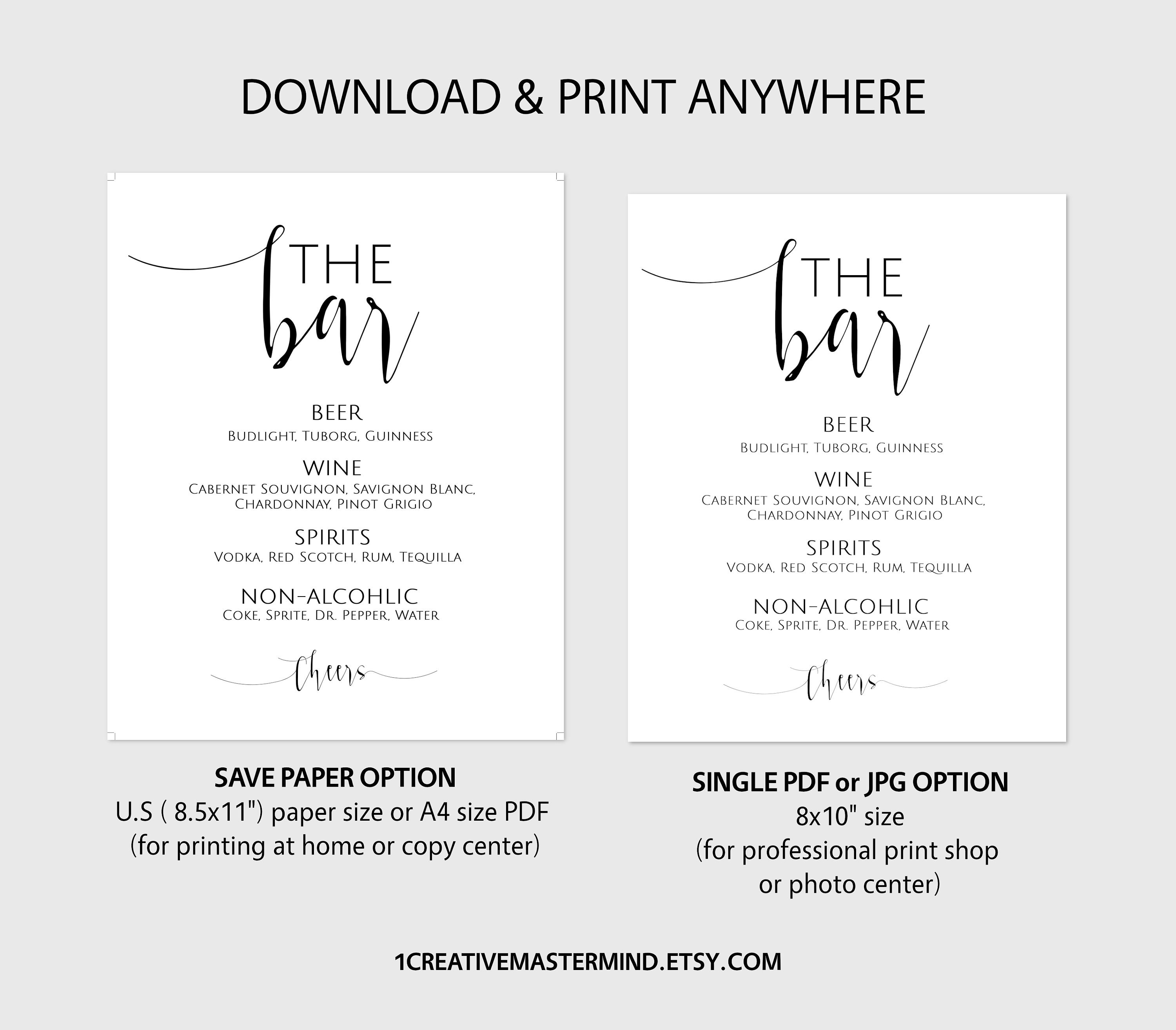 Bar Menu Sign Drinks Menu Sign Alcohol Sign Bar Menu - Etsy