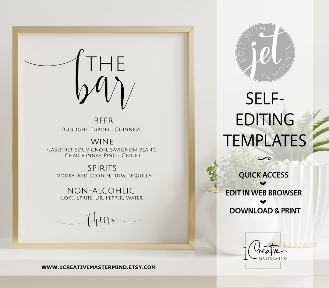 Bar Menu Sign, Drinks Menu Sign, Alcohol Sign, Bar Menu Printable ...