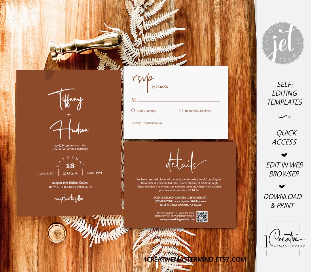 Rust Terracotta Boho Wedding Invitation Suite Templates - Etsy