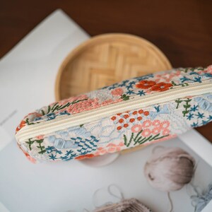 Embroidery Flowers Fabric Pencil Case Cute Zipper Pouch Floral Storage ...