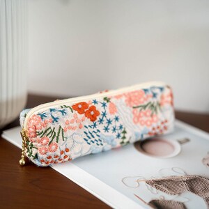 Embroidery Flowers Fabric Pencil Case Cute Zipper Pouch Floral Storage ...