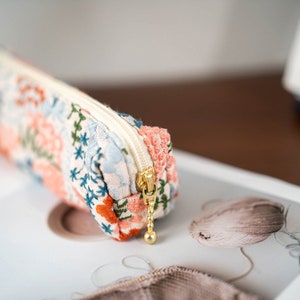 Embroidery Flowers Fabric Pencil Case Cute Zipper Pouch Floral Storage ...