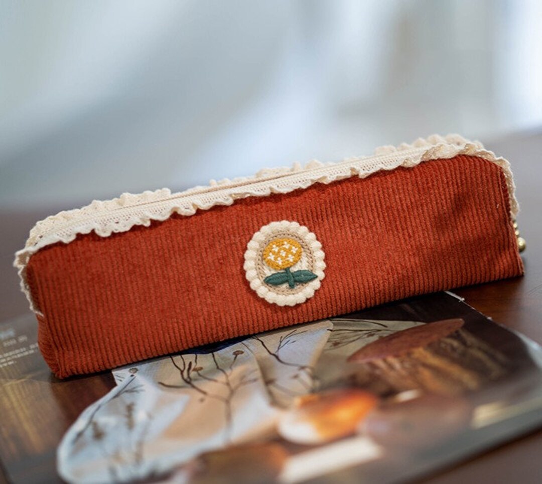 Caramel Color Embroidery Flower Pencil Case Original Lace Zipper Pen ...