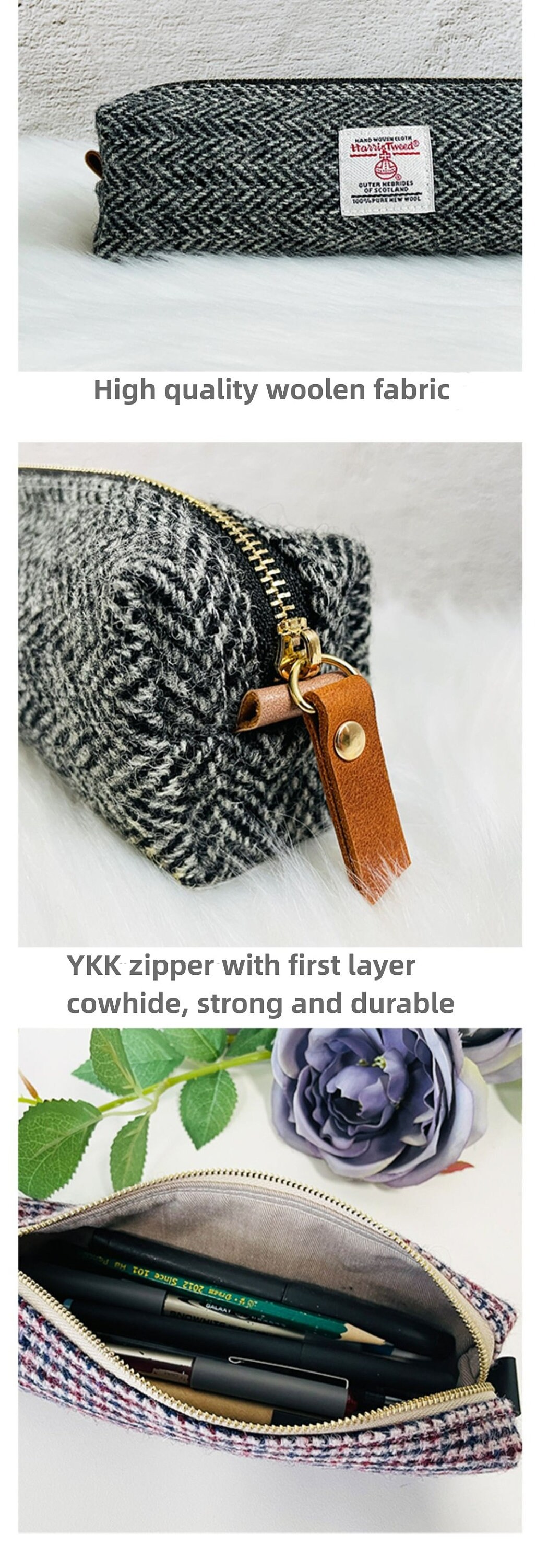 Wool Tweed Pencil Case Retro Fabric Zipper Pouch Large Capacity Pen ...