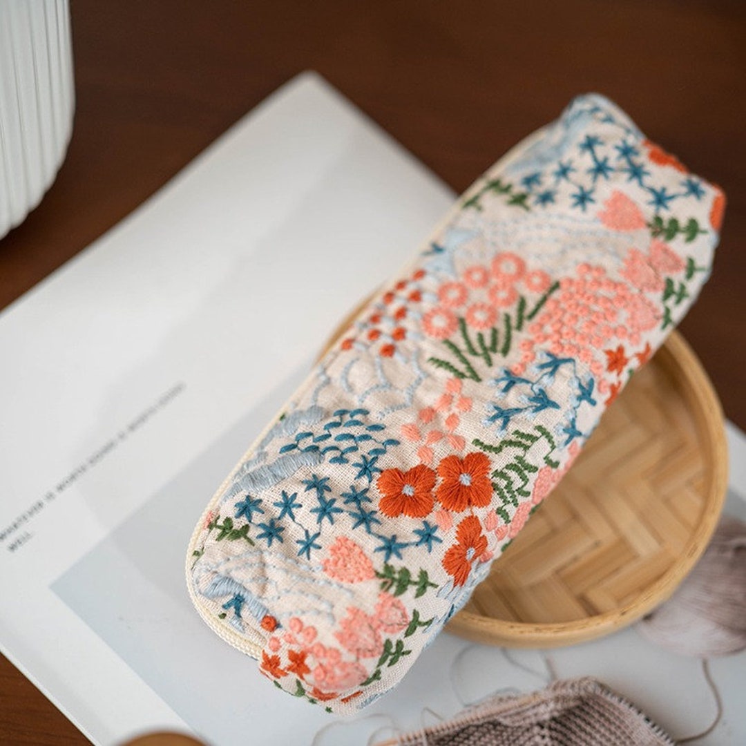 Embroidery Flowers Fabric Pencil Case Cute Zipper Pouch Floral Storage ...