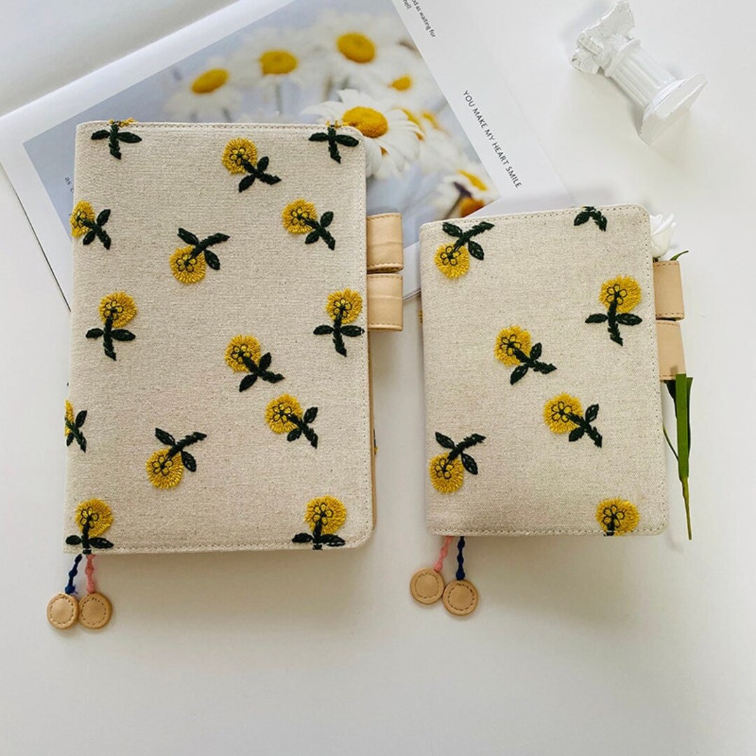 Daisy Embroidered Floral Notebook Cover, Fabric-leather Travel Journal ...