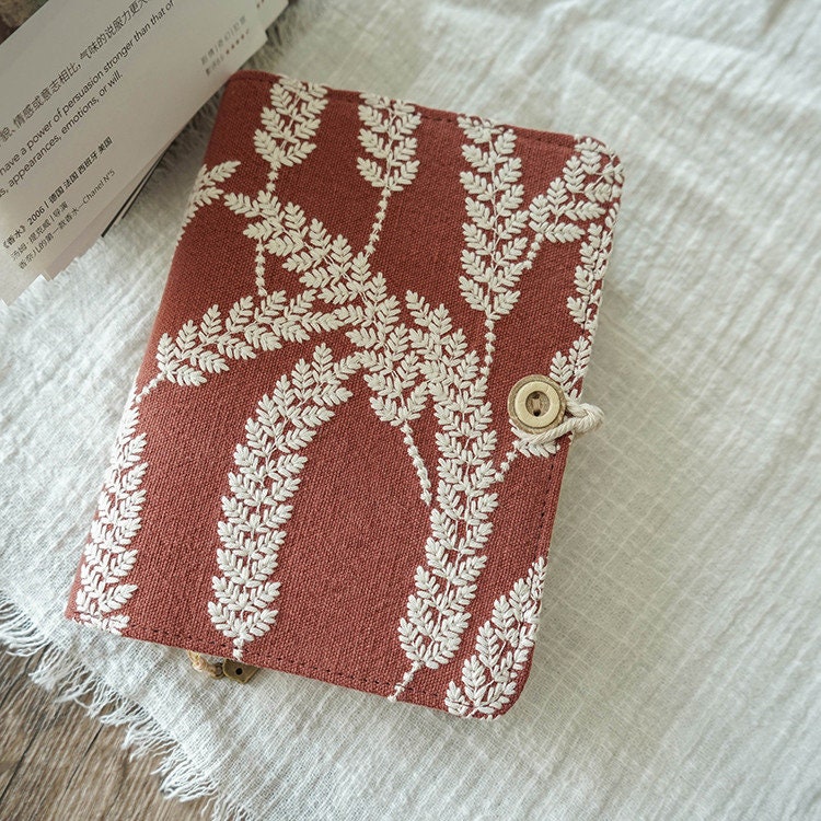 Embroidery Barley Fabric Notebook Rust Red Handmade Journal A6 Traveler ...