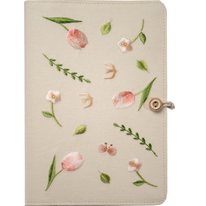 Embroidered Tulip Fabric Journal Beige Handmade Traveler's Notebook A5 ...