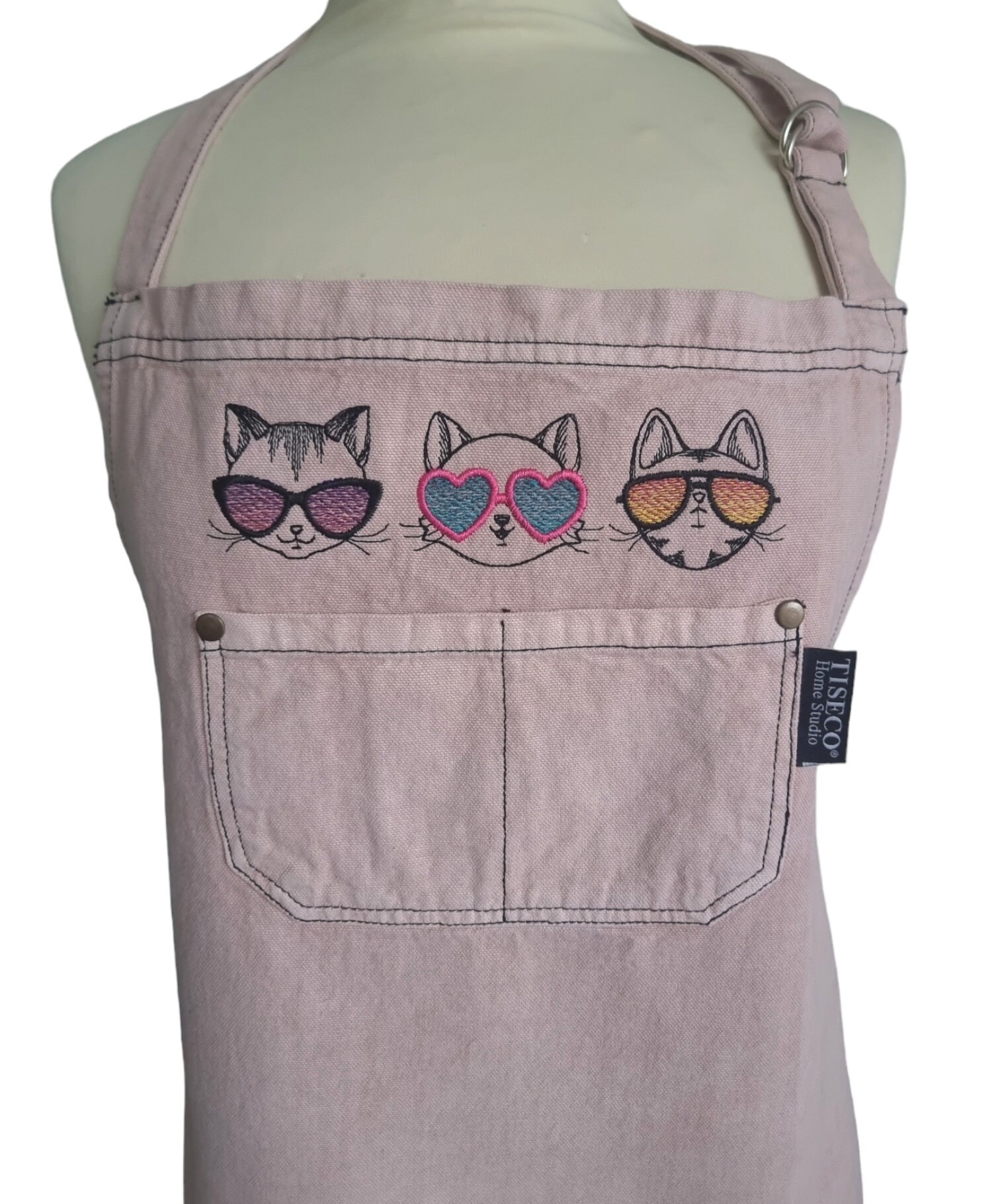 Artist Apron: Light Washed Pink Denim Apron With Funky Three Cats With ...