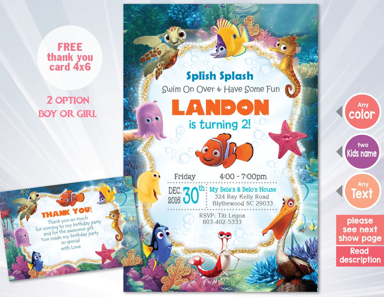 Finding nemo invitation NEMO birthday party birthday | Etsy