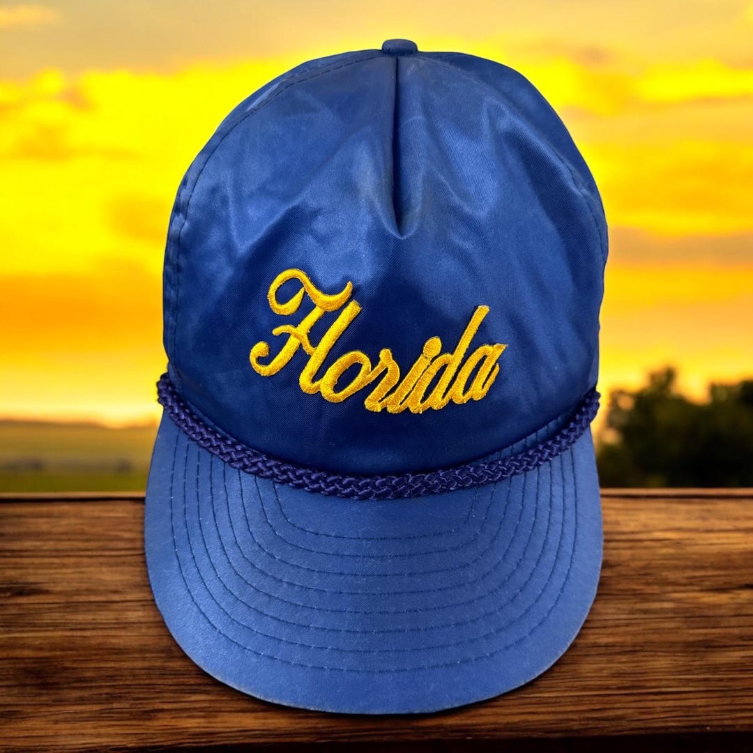 Vintage Florida Blue Satin Hat Cap Zipback Trucker Rope Yellow Otto 90s ...
