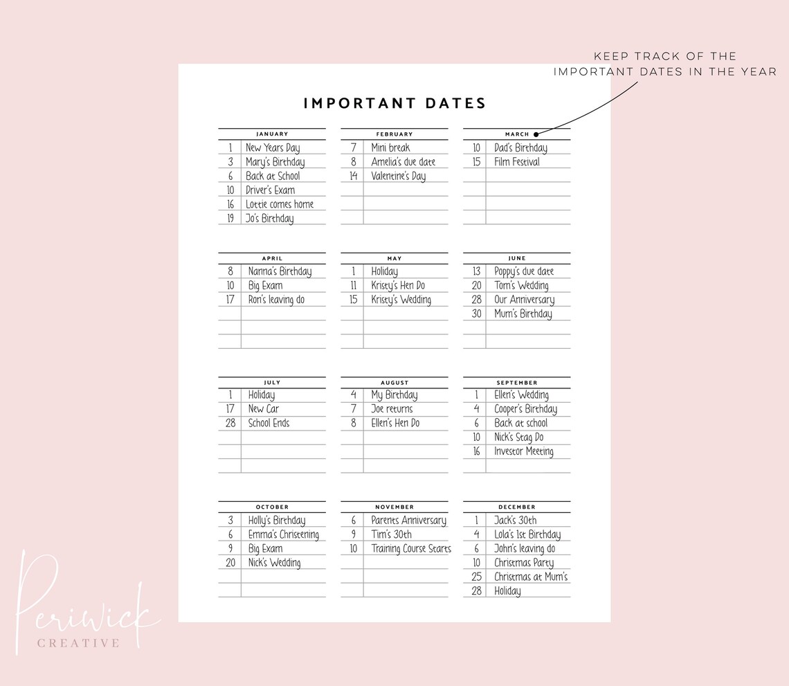 Important Dates Tracker Printable, Date Organiser Planner Inserts A5 ...