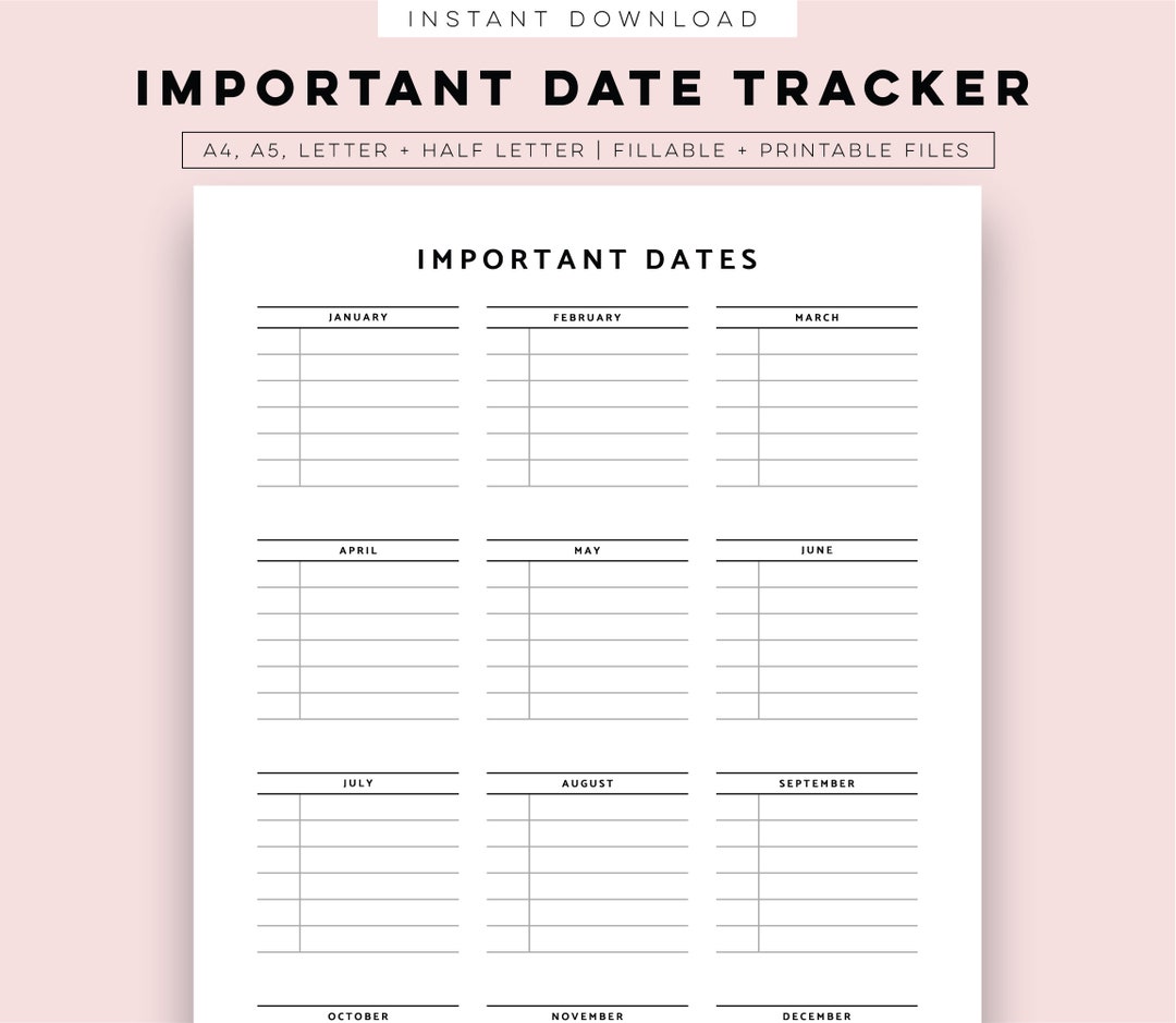 Important Dates Tracker Printable, Date Organiser Planner Inserts A5 ...