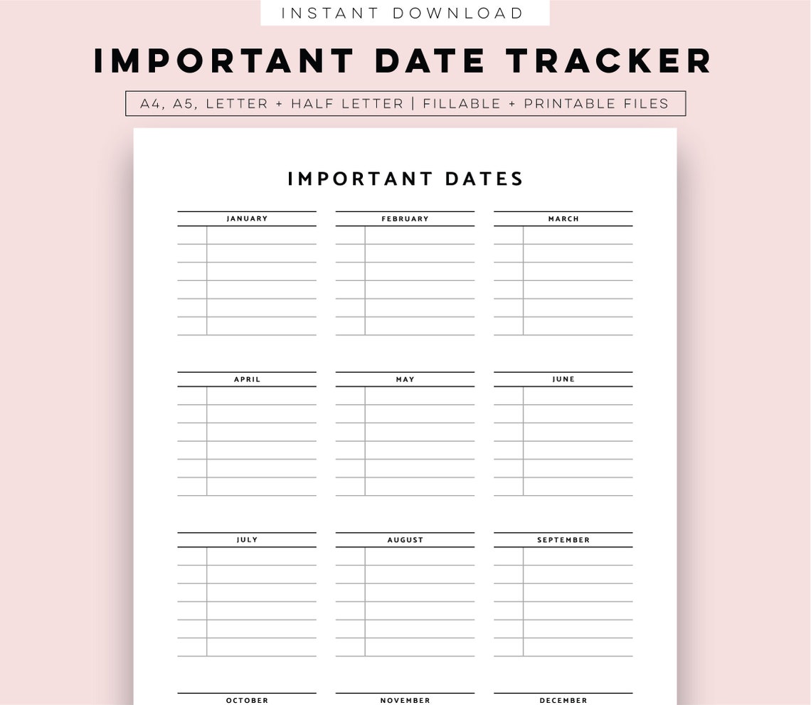 Important Dates Tracker Printable, Date Organiser Planner Inserts A5 ...