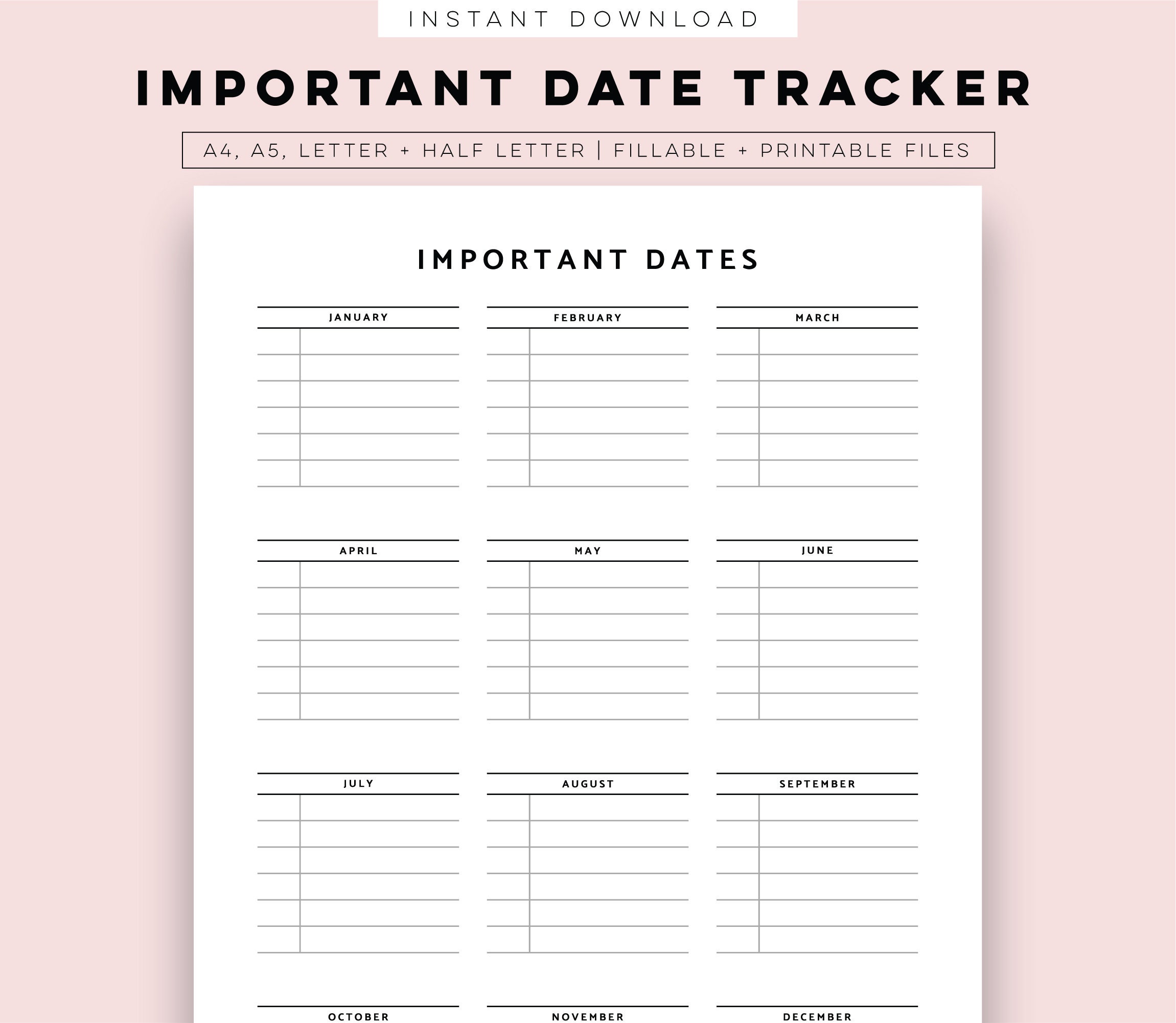 Important Dates Tracker Printable Date Organiser Planner Inserts A5