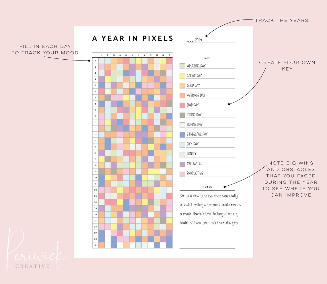 A Year in Pixels Printable Yearly Mood Tracker, Year in Pixels Planner ...