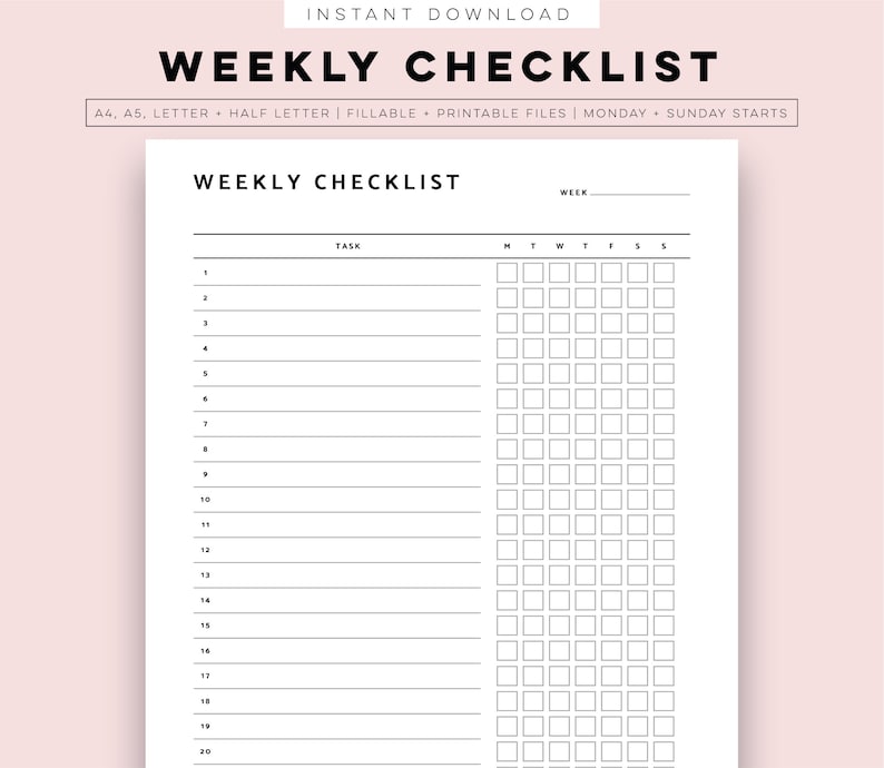 Weekly Checklist Planner Printable, Weekly Habits Planner Inserts A5 A4 ...