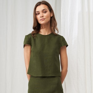 Linen Button Back Shirt AMELIA, Linen Crop Top, Linen Top Short Sleeves ...