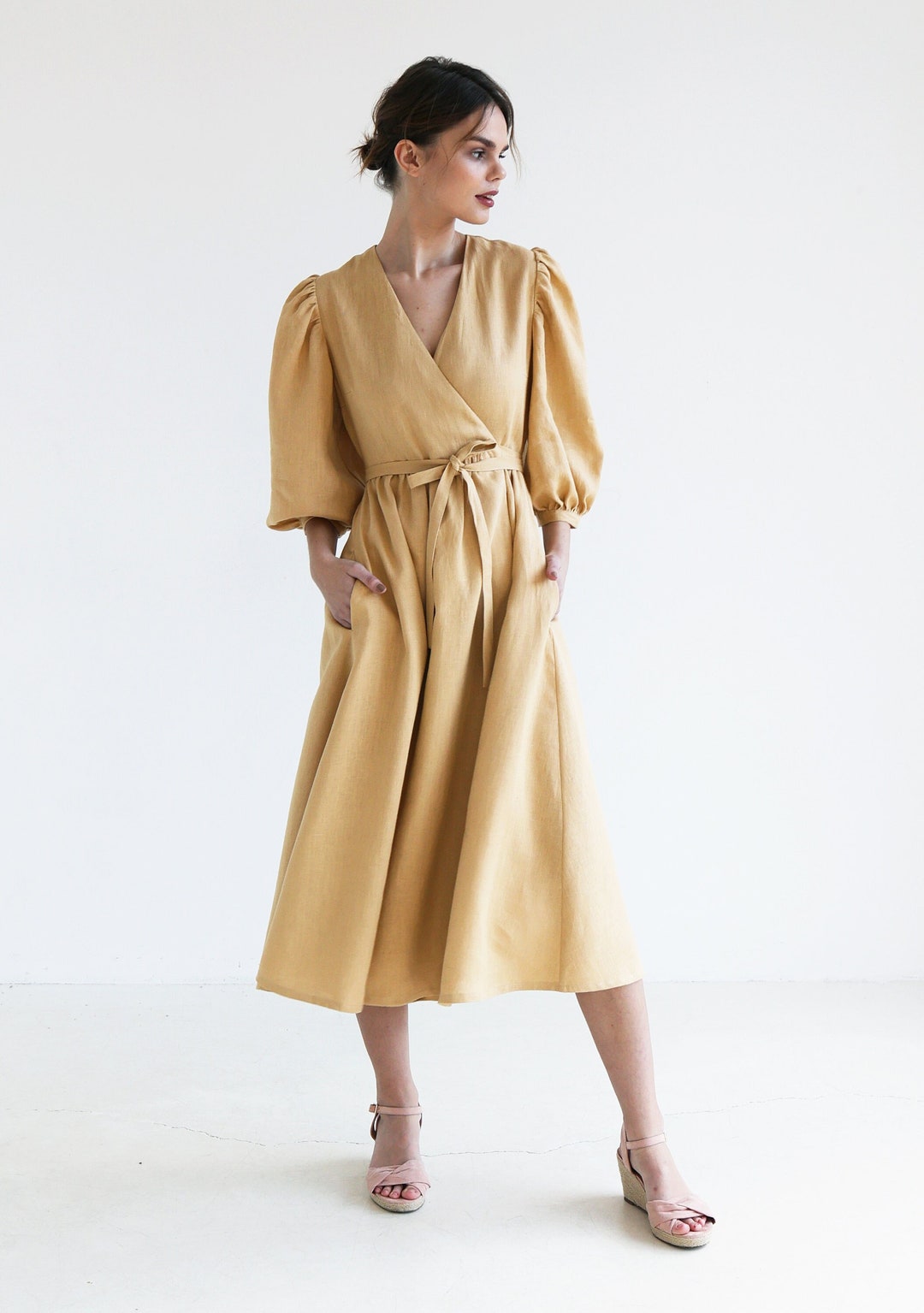 Puff Sleeves Wrap Linen Dress VERONA, Romantic Dress, A Line Dress With ...