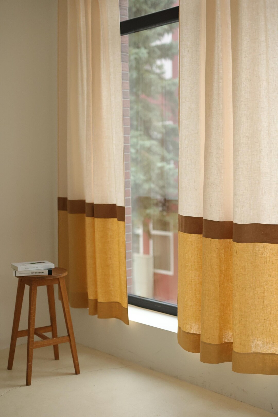 Linen Color Block Curtain Panels: Semi-sheer 3-color Drapes (set of 2 ...