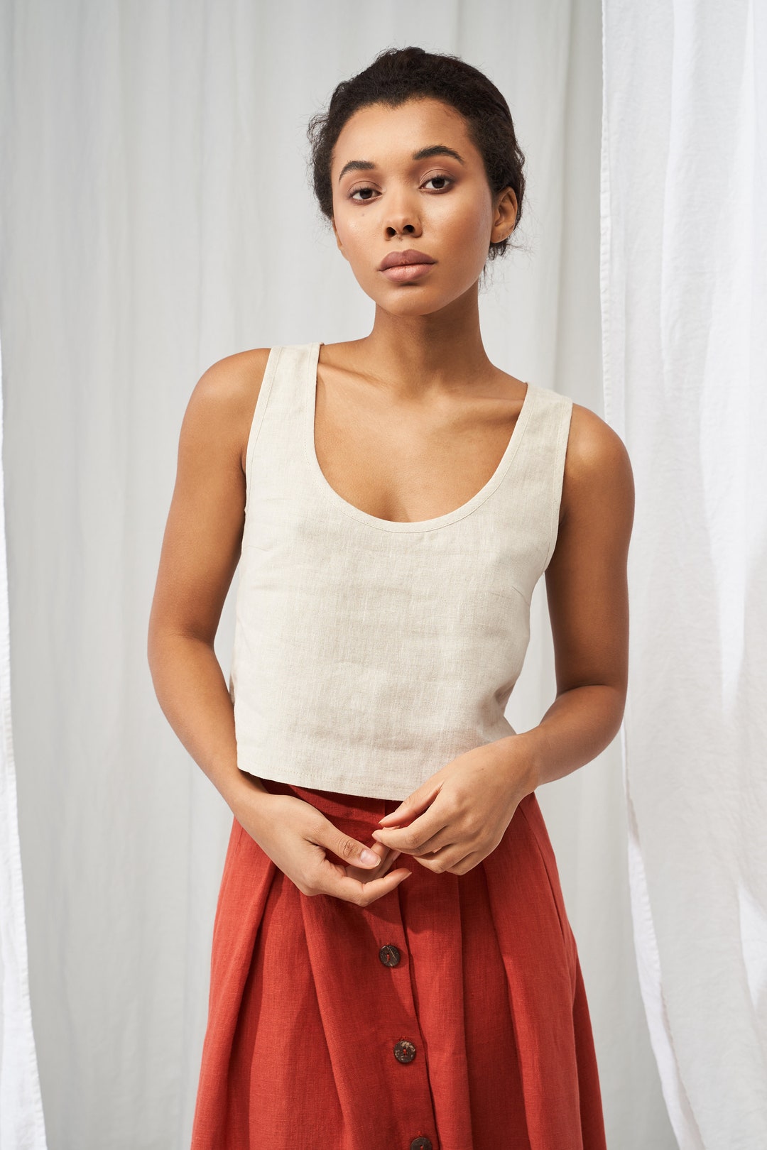 Linen Crop Top STELLA: Sleeveless Scoop Neck Tank - Etsy