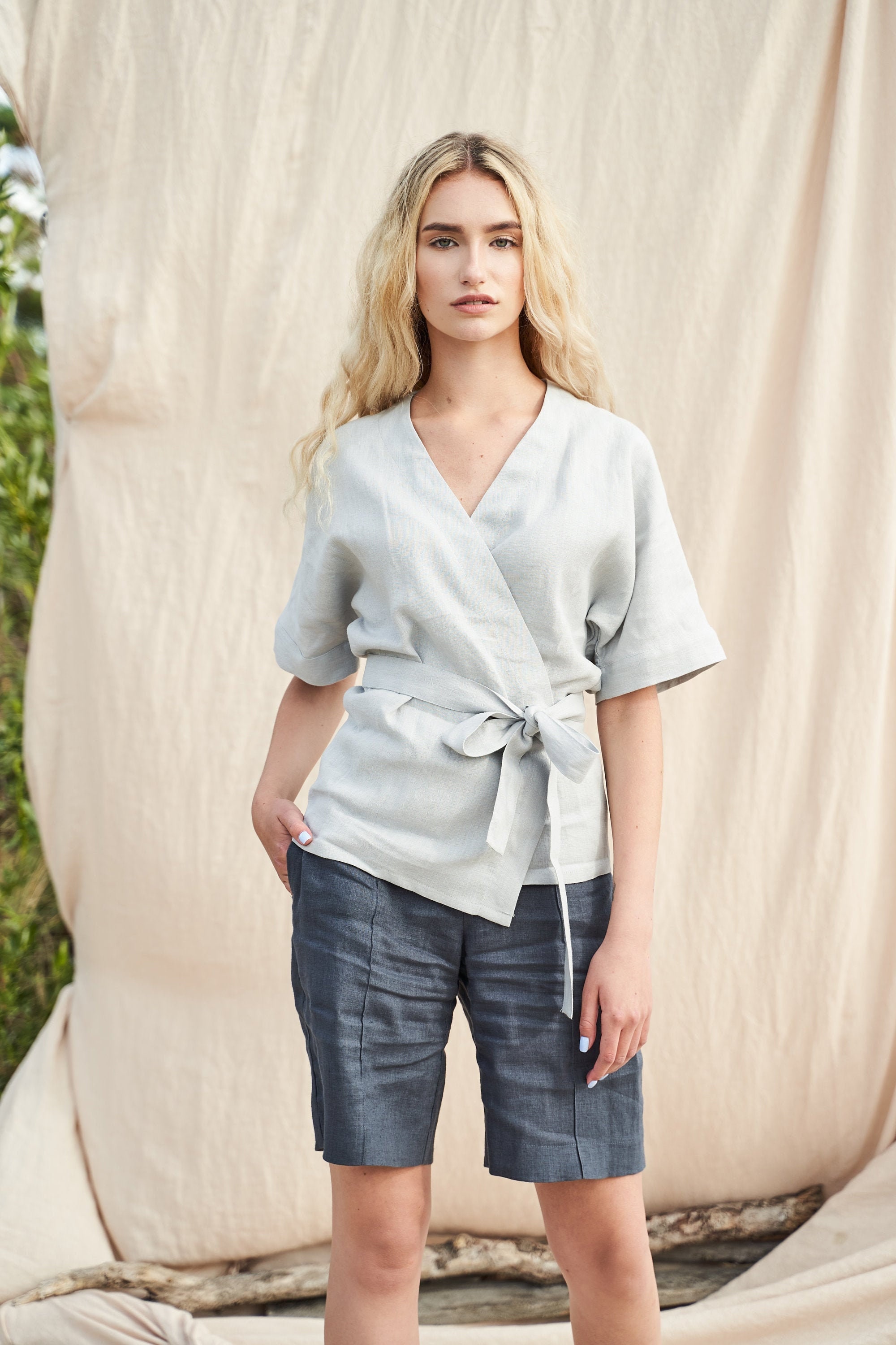 Wrap linen short sleeve shirt DENISE Linen wrap top with | Etsy