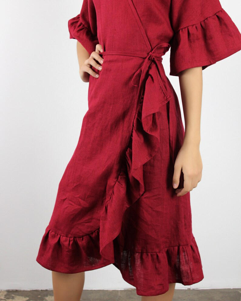Linen dress REINA Linen wrap dress Linen ruffle dress | Etsy