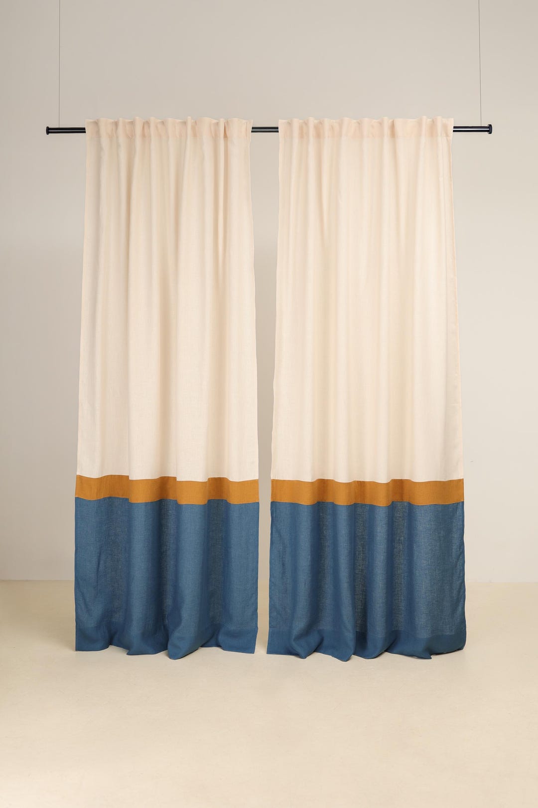 Linen Color Block Curtain Panels: Semi-sheer Rod Pocket Drapes (set of ...