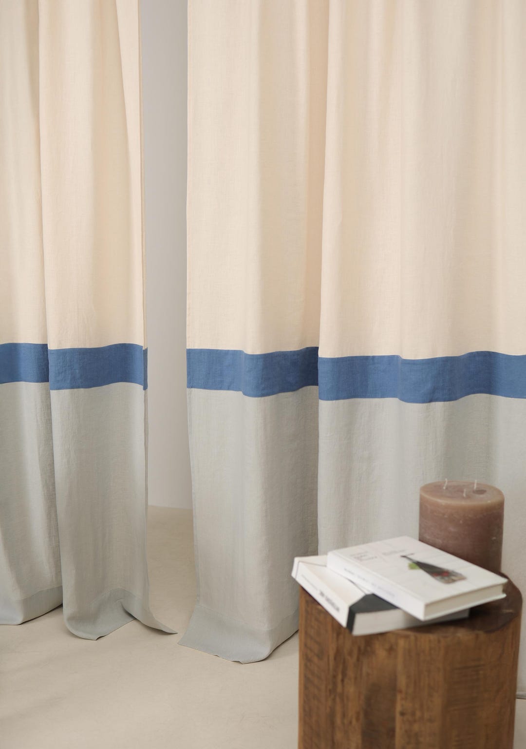 Set of 2 Linen Color Block Curtain Panels, Multifunctional Heading ...