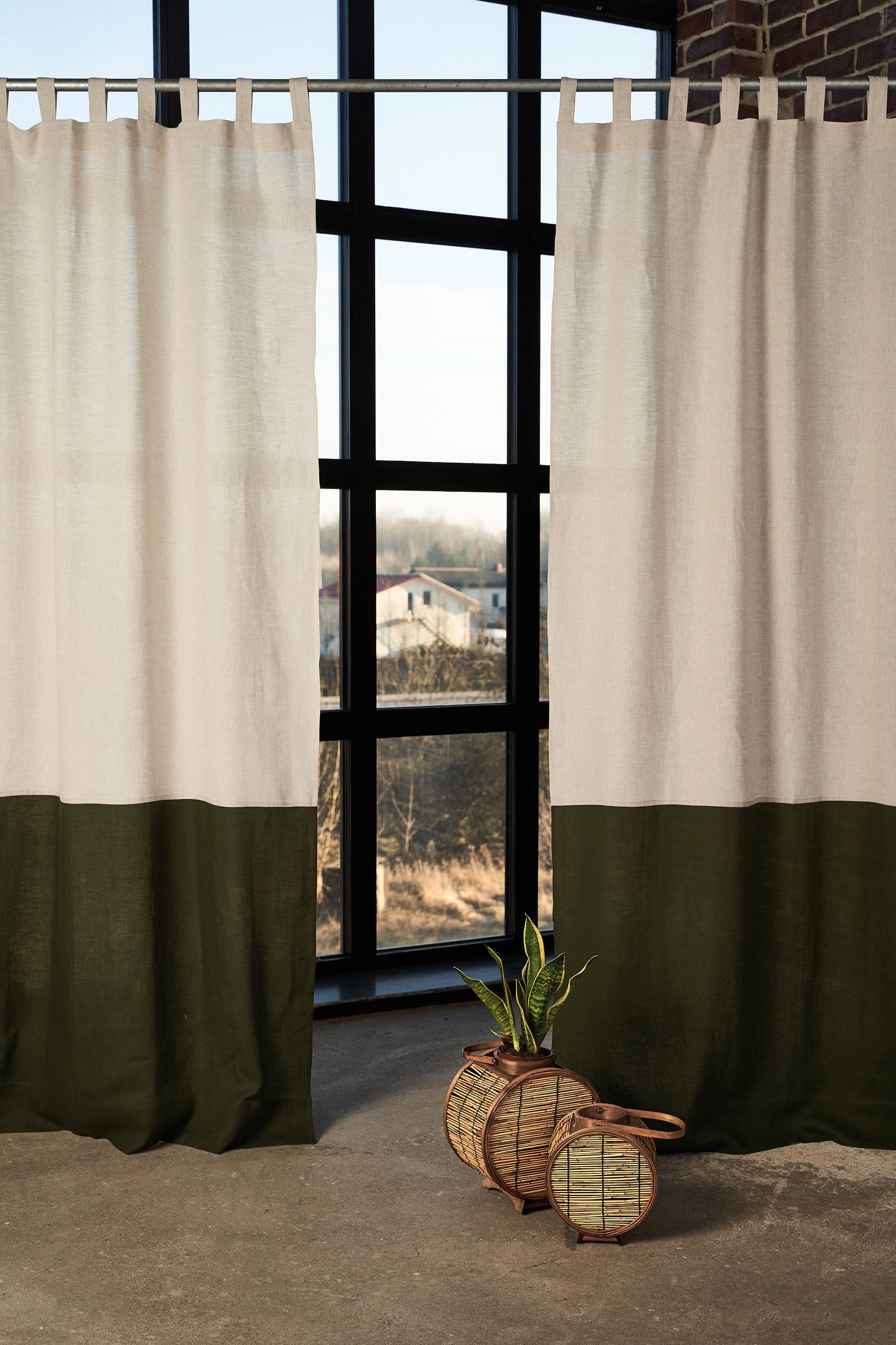 Set of 2 Tab Top Linen Curtain Panels Color Block Linen | Etsy