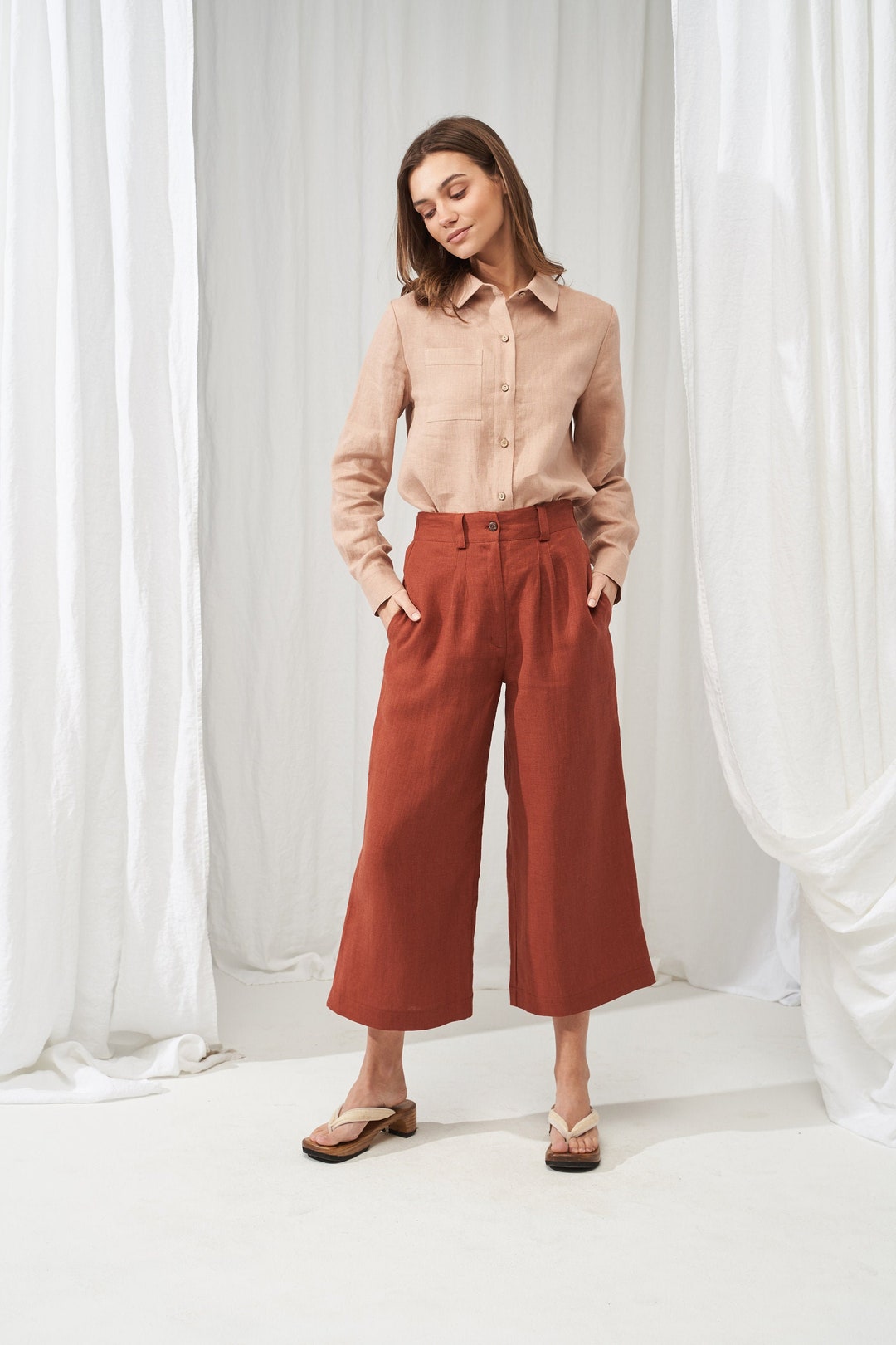 Wide Leg Linen Pants GEMMA, High Waist Linen Crop Pants, Linen Flared ...