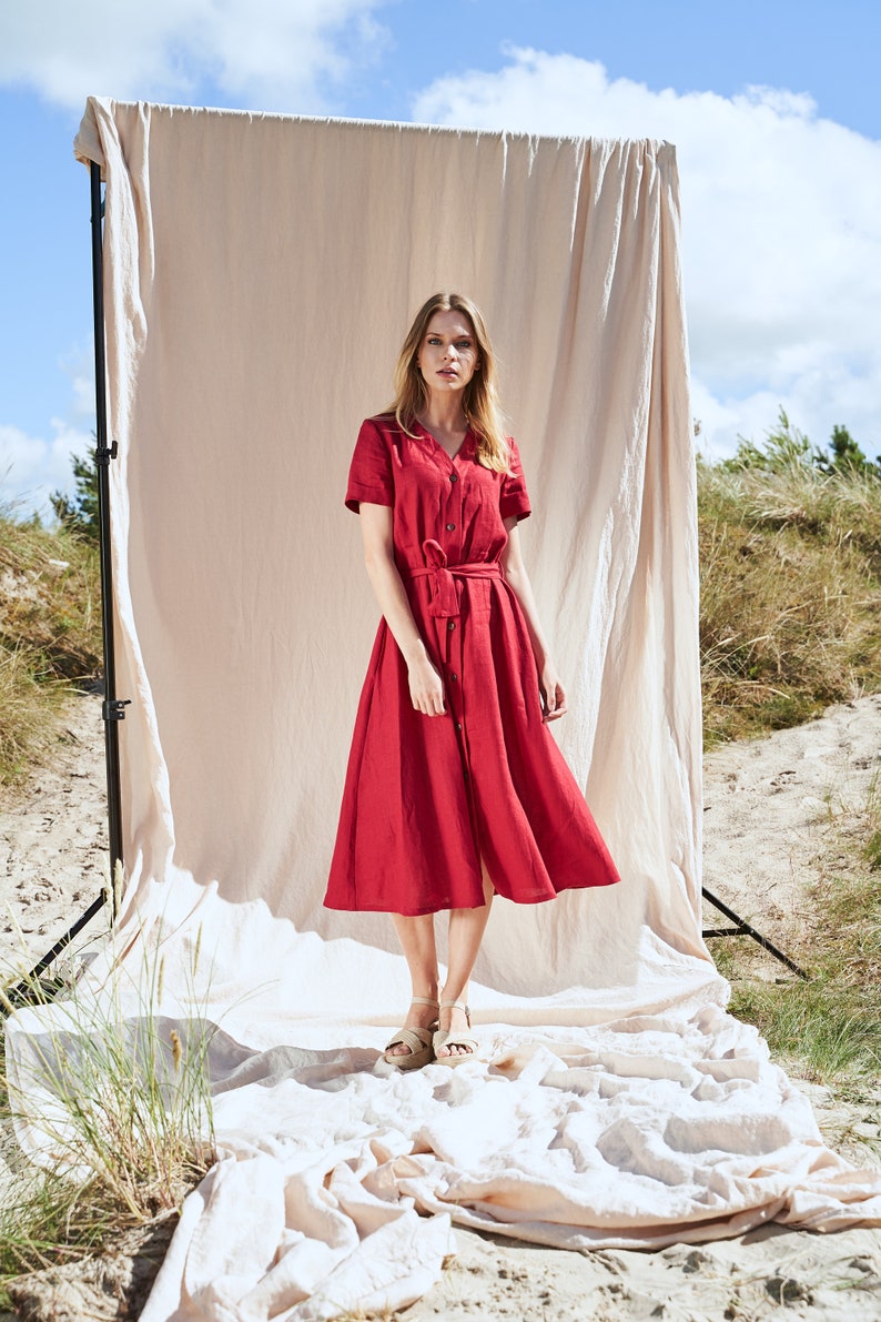 Linen Button Down Dress SANNA Calf Length Linen Dress Short - Etsy