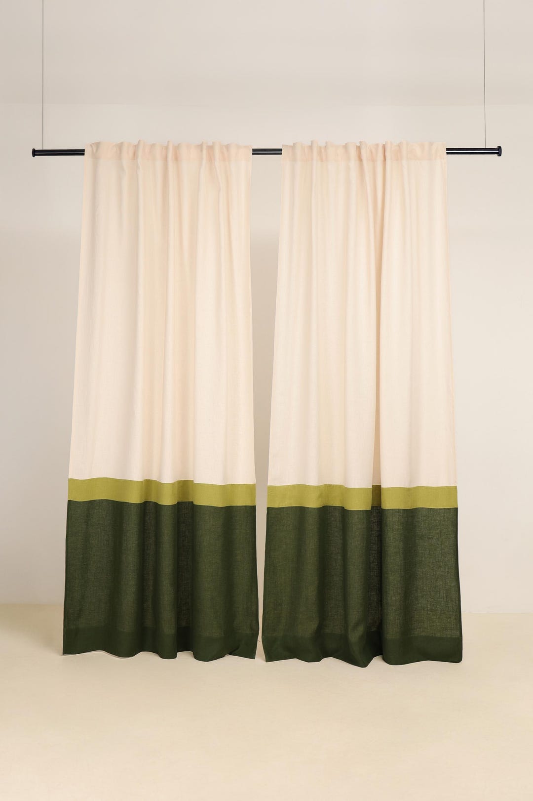 Set of 2 Linen Color Block Curtain Panels, Multifunctional Heading ...