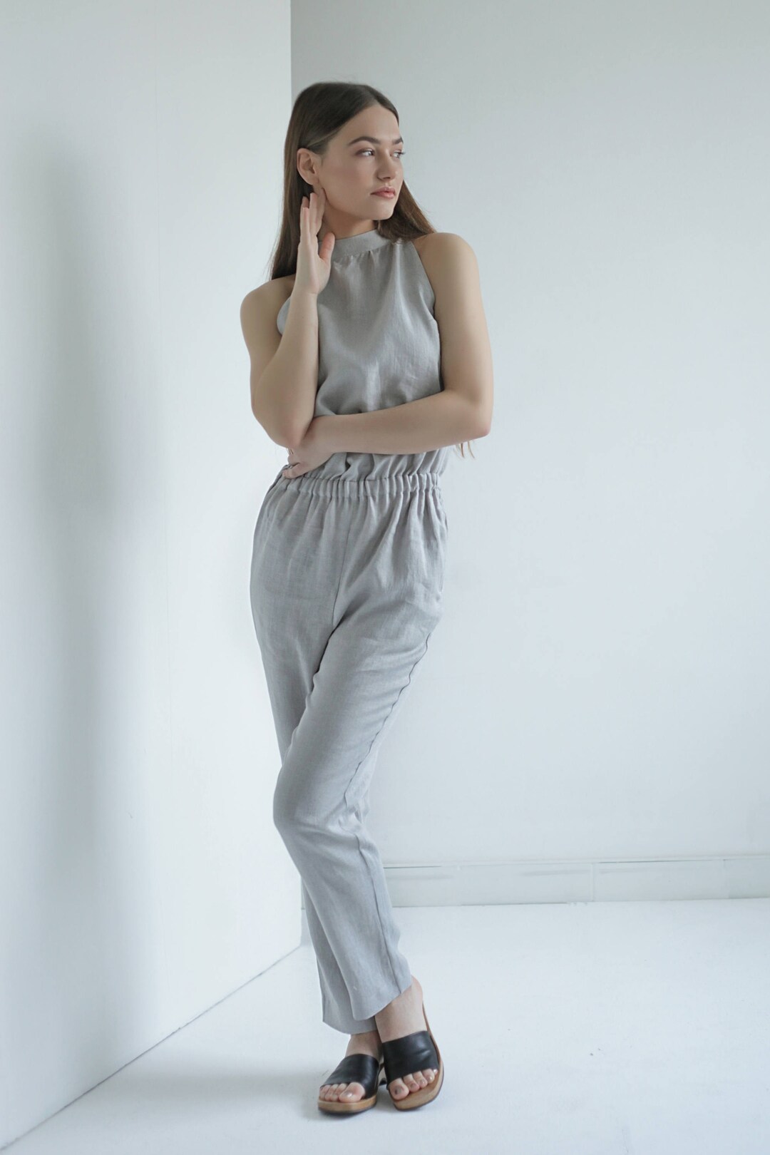 Grey Linen Jumpsuit MILA, High Neck Linen Jumpsuit, Women Jumpsuit ...