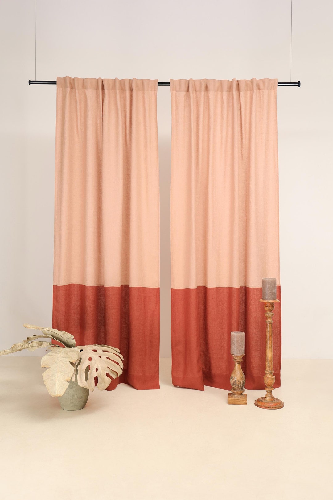 Linen Color Block Curtain Panels: Semi-sheer Rod Pocket Curtains (set ...
