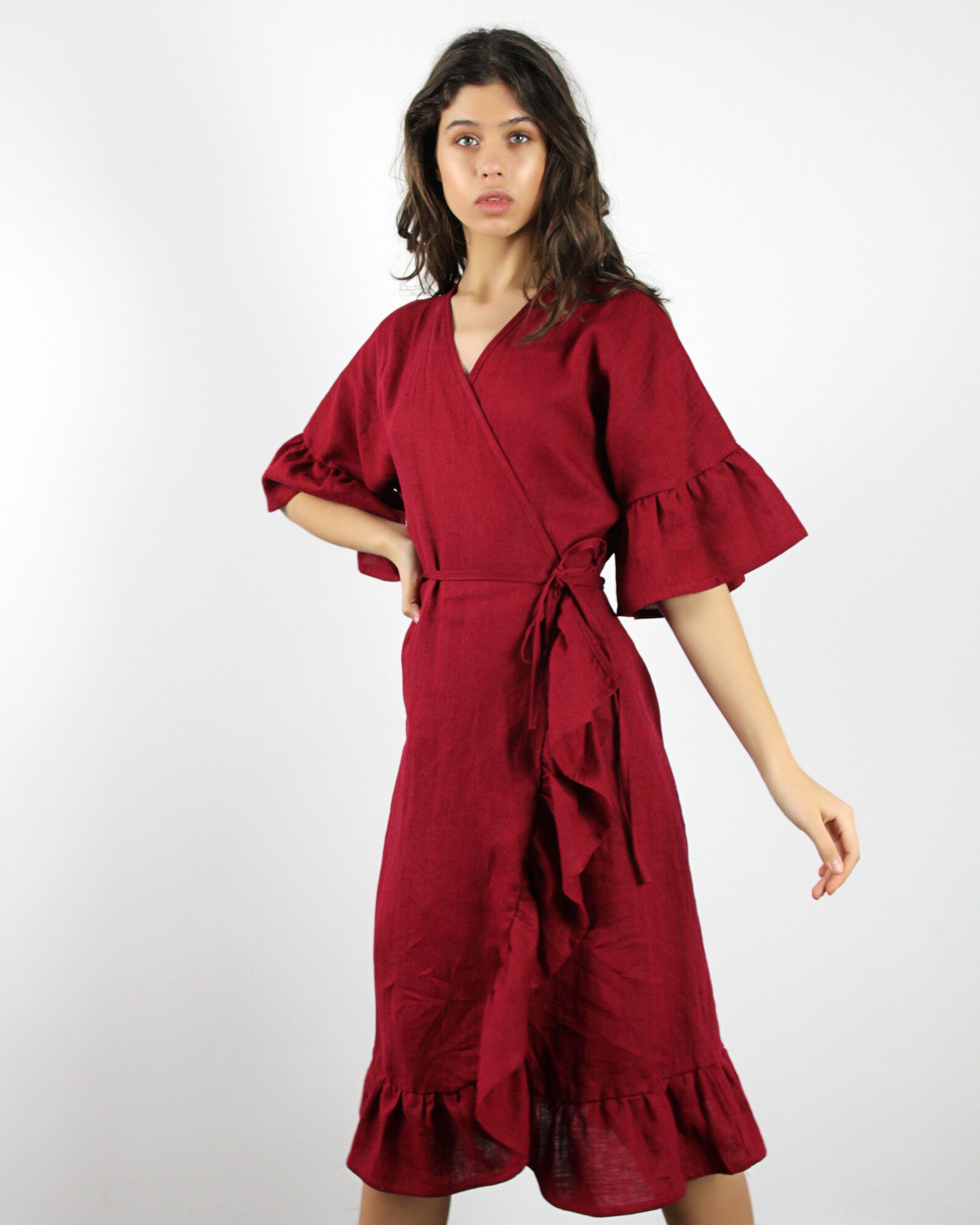 Linen Dress REINA Linen Wrap Dress Linen Ruffle Dress | Etsy