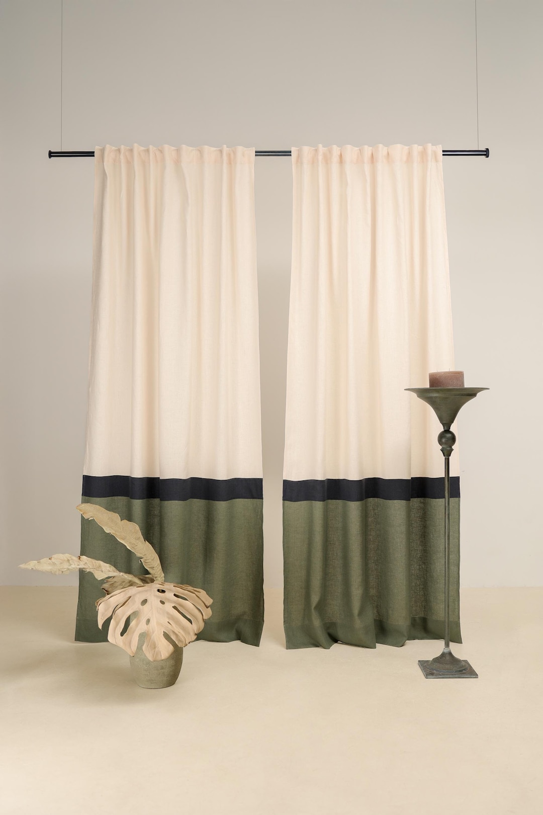 Set of 2 Linen Color Block Curtain Panels, Multifunctional Heading ...