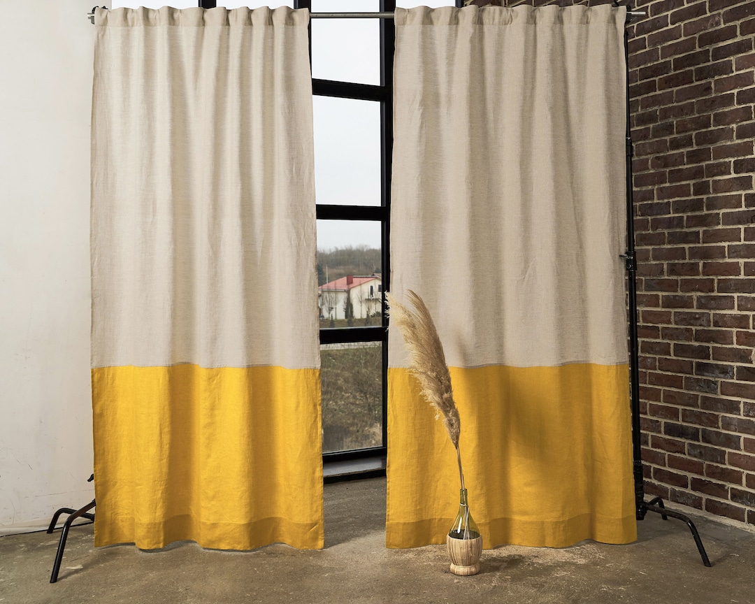 Color Block Linen Curtain Panels: Semi-sheer Window Curtains, Set of 2 ...