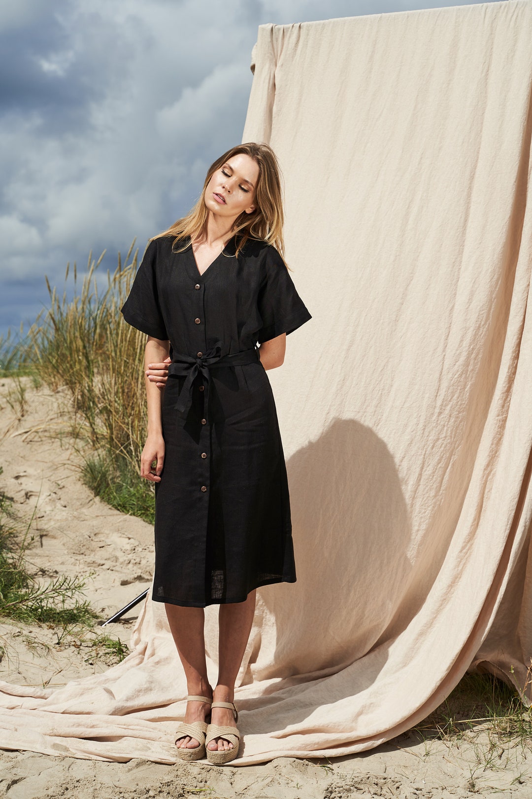 Linen Robe Dress HARPER, Linen Midi Dress, Softened Linen Dress, Linen ...