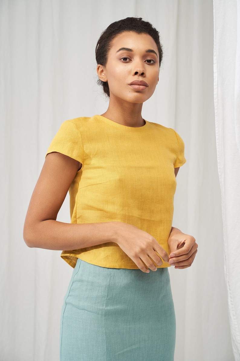 Linen Button Back Shirt AMELIA Linen Crop Top Linen Top | Etsy