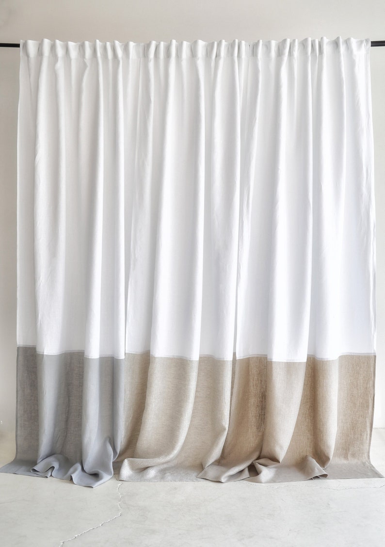 Set of 2 Linen Color Block Curtain Panels Rod Pocket - Etsy