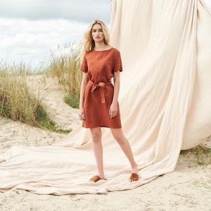 Simple Linen Dress NORA, Linen Shift Dress With Belt, Short Linen Dress ...