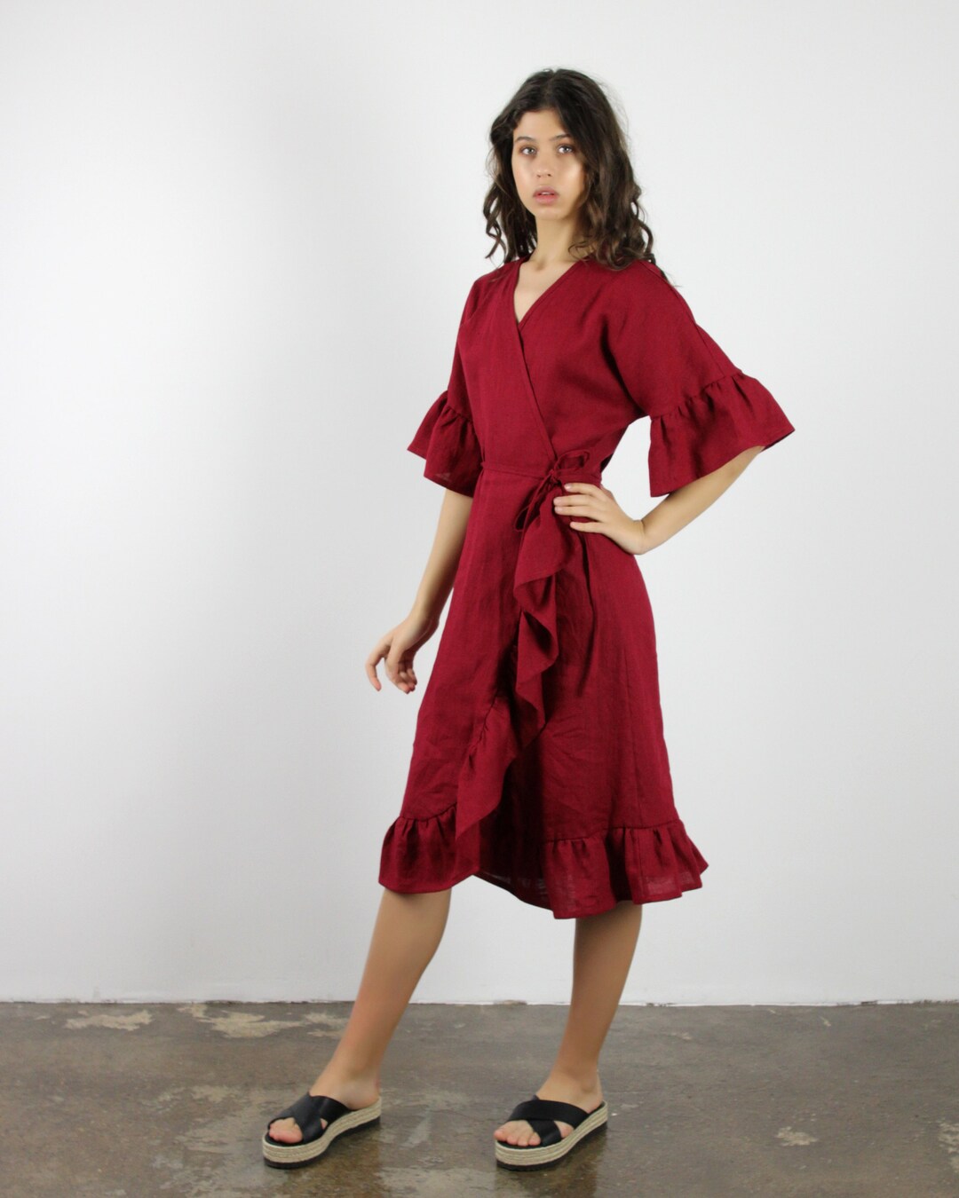 Linen Dress REINA, Linen Wrap Dress, Linen Ruffle Dress , Linen Dress ...
