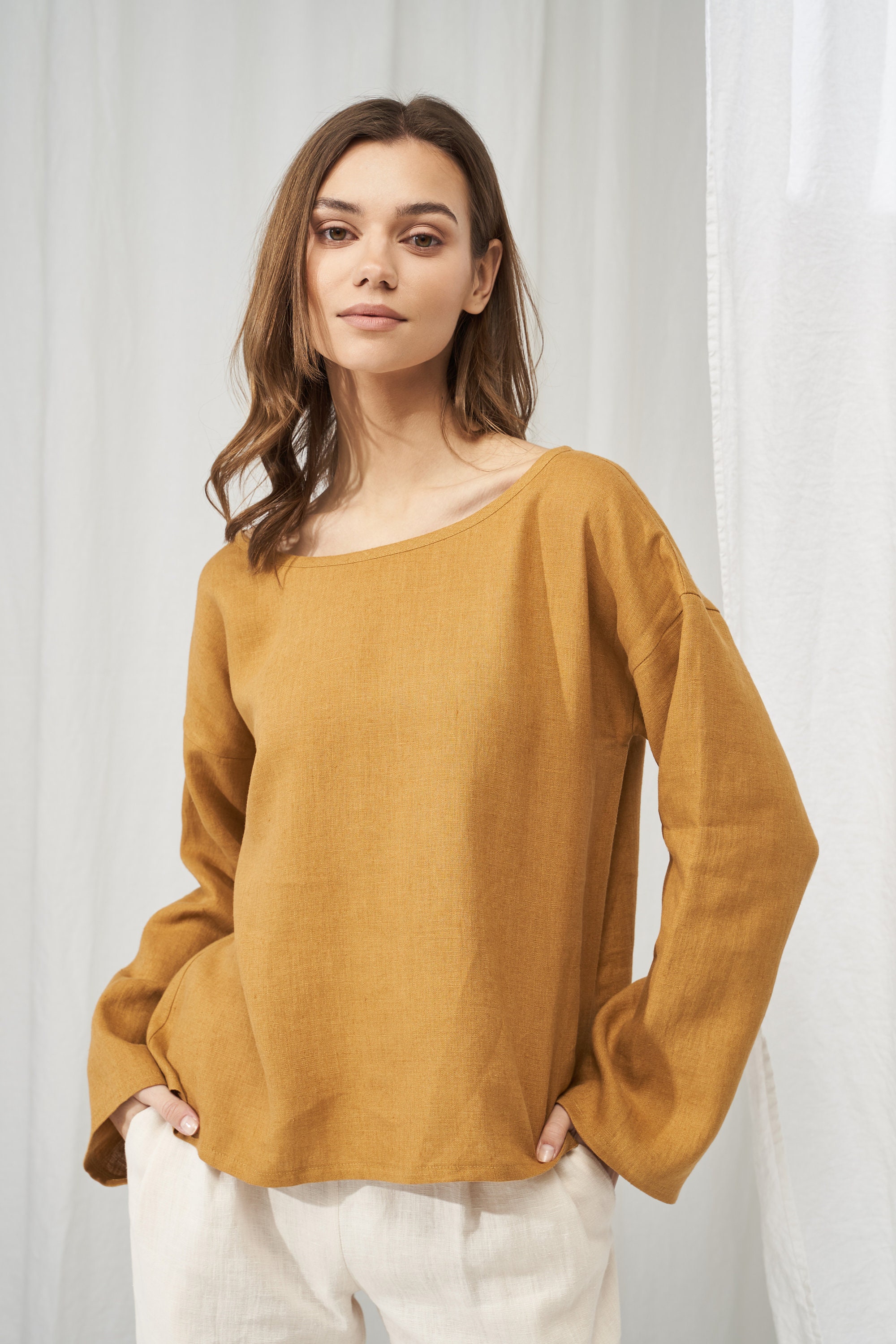 Long Sleeve Linen Top BRUNO Linen Boat Neck Top Loose Linen | Etsy