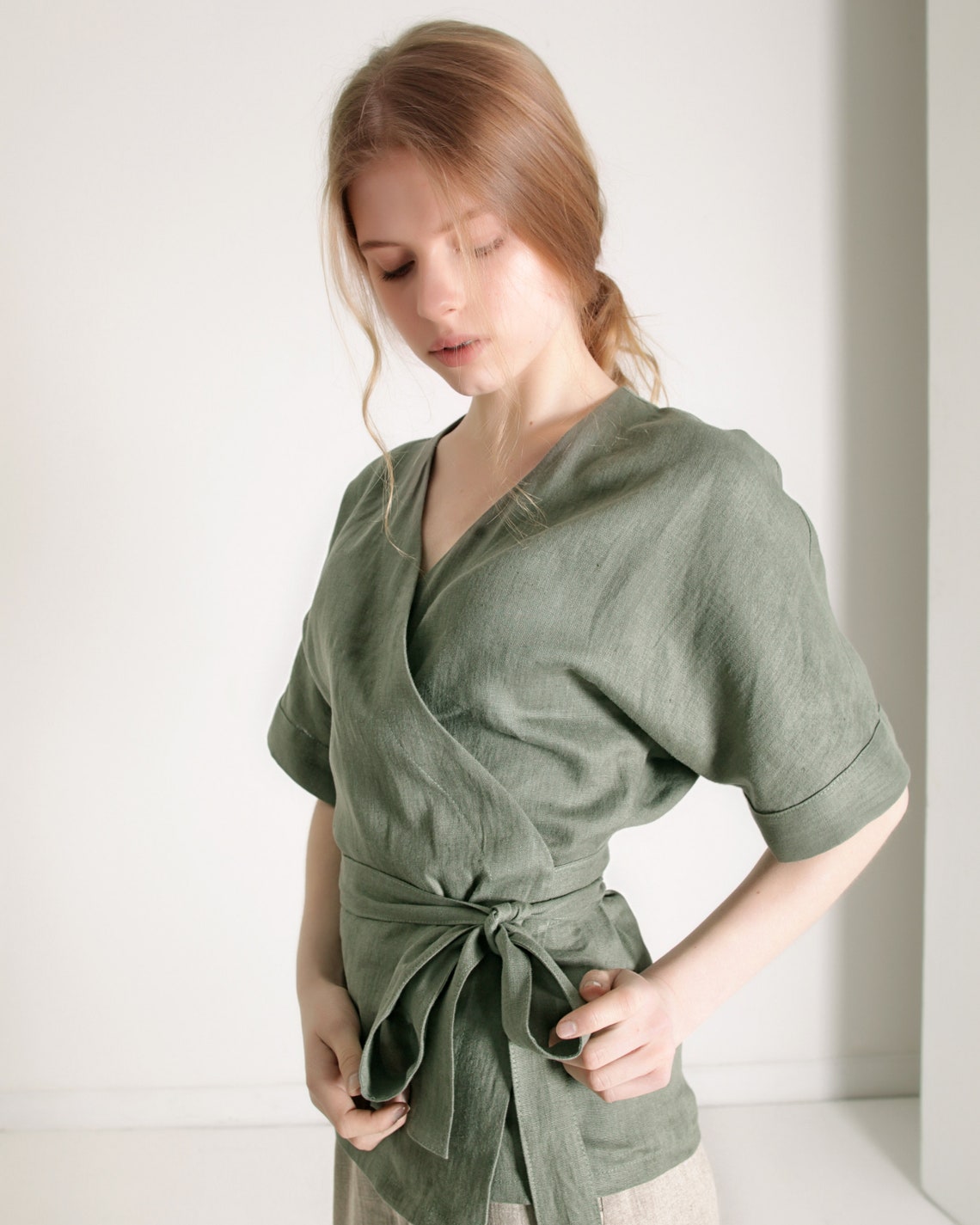 Wrap linen short sleeve shirt DENISE Linen wrap top with | Etsy